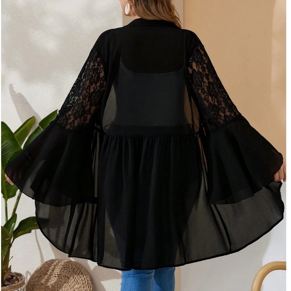 Tops | Plus Floral Sheer Lace Bell Sleeve Open Front Light Duster Top ...